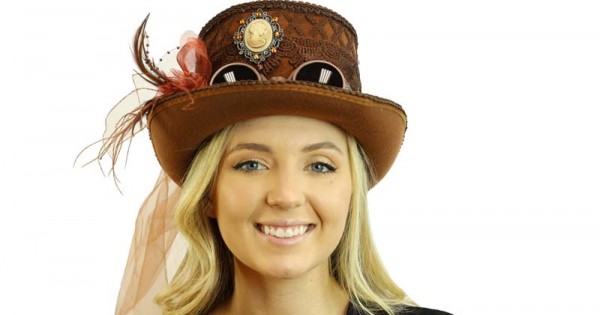 brown top hat with googles